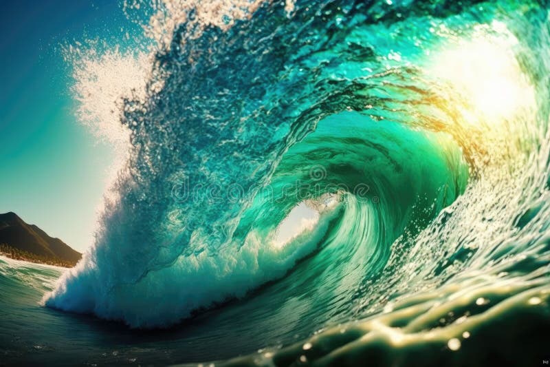 Ocean Wave Surfing. Sunny Day with a Breaking Turquoise Wave Stock ...