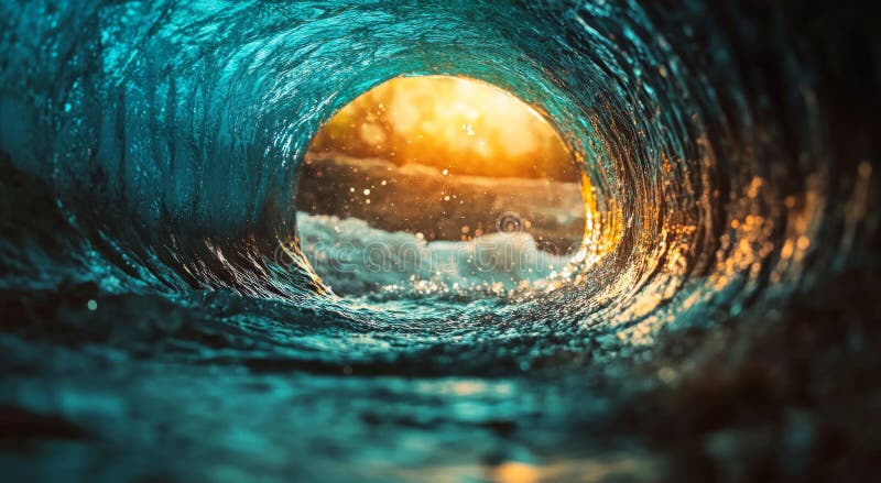 Ocean Wave Surges Inside the Barrel with Turquoise Water, Light Rays ...