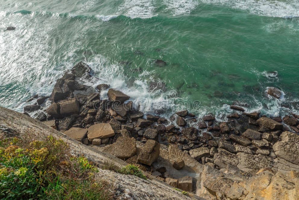 Ocean Waves Approaching Rocky Shore. Top View Stock Photo - Image of ...