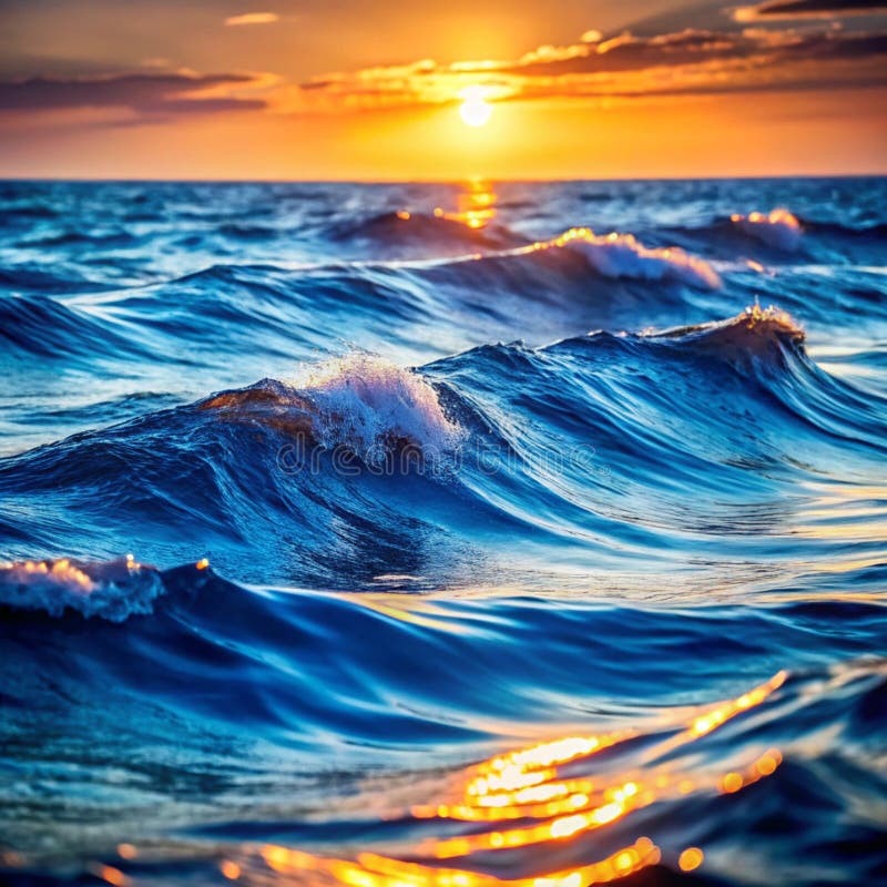 Ocean Waves Backlit by Setting Sun Navy Blue Background Stock ...