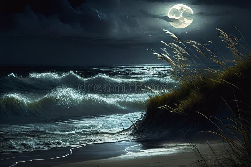 Ocean Waves on the Beach on a Moon Lit Night Stock Photo - Image of ...
