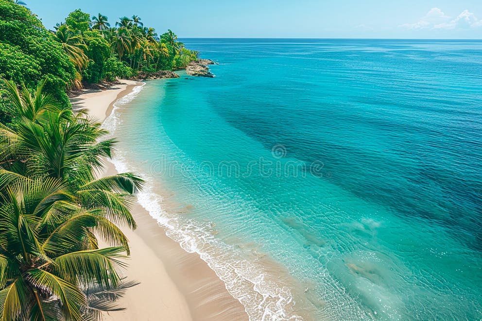 Ocean Waves and Beach with Palm Trees Side View, Natural Background ...