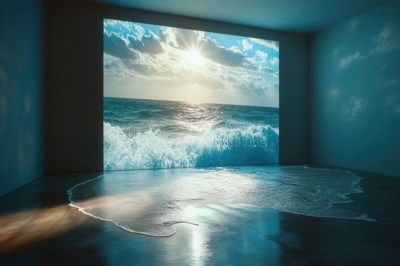 Ocean Waves Breaking on Concrete Floor in Art Gallery Projection Stock ...