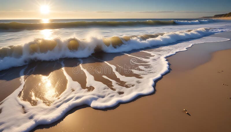 Ocean Waves Breaking Gently on a Sandy Shore, Bathed in Soft Sunlight ...
