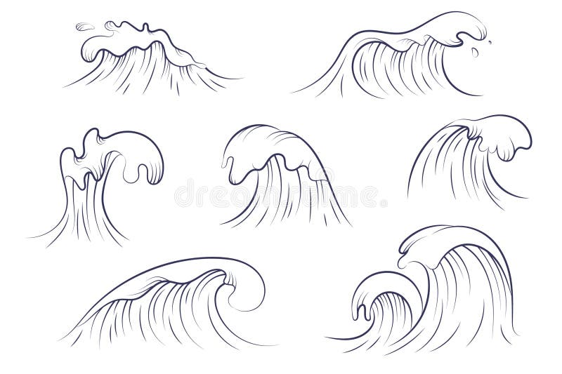 Ocean waves collection. stock illustration. Illustration of doodle ...