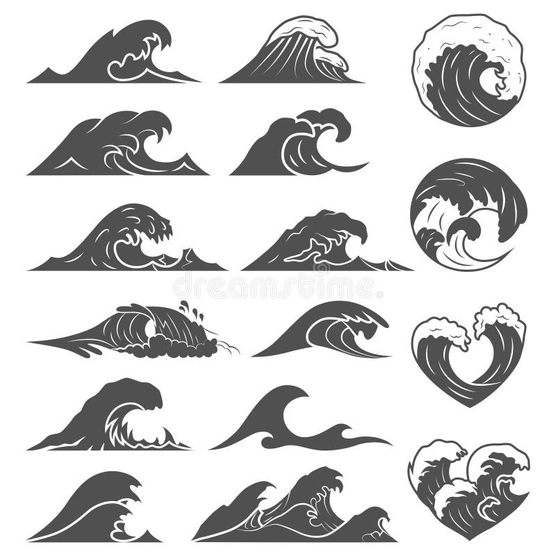 Hand Drawn Ocean Waves Vector Set. Sea Storm Wave Isolated Stock Vector ...