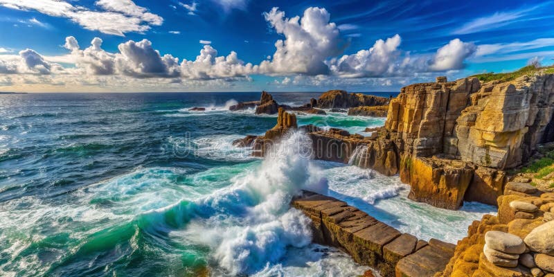 Ocean Waves Crashing Against Dramatic Coastal Rock Formations Under a ...