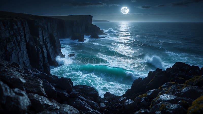 Dramatic Ocean Waves Crashing Against Dark Cliffs Under a Full Moon ...
