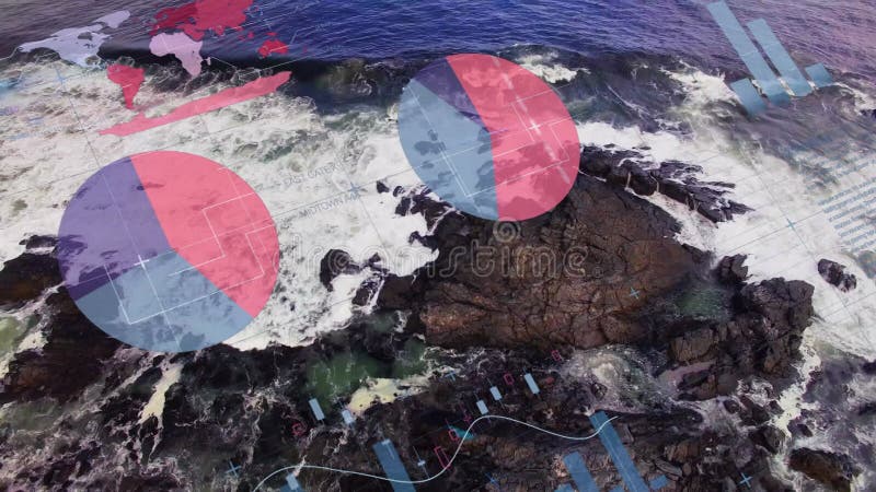 Ocean Waves Crashing on Rocky Shore with Data Visualization Animation ...