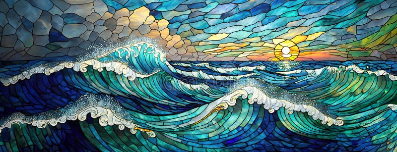 Ocean Waves Forming Intricate Patterns in a Stained Glass Artwork Style ...