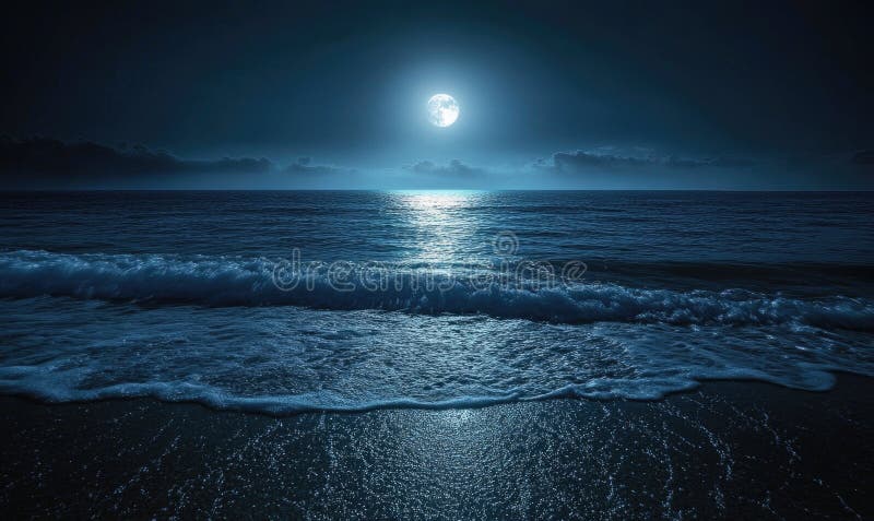 Ocean Waves Gently Rolling in, Bright Moonlight Casting a Shimmering ...