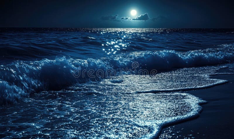 Ocean Waves Gently Rolling in, Bright Moonlight Casting a Shimmering ...
