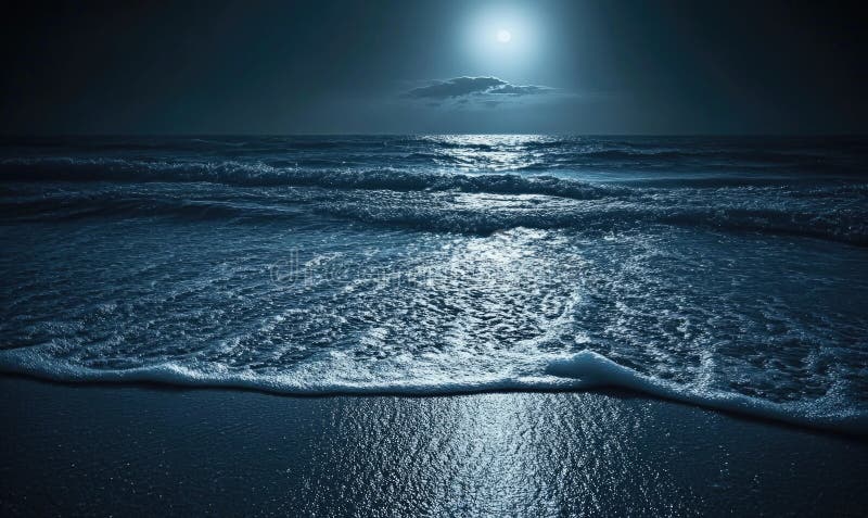Ocean Waves Gently Rolling in, Bright Moonlight Casting a Shimmering Path on the Water Stock ...