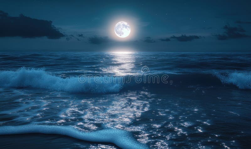 Ocean Waves Gently Rolling in, Bright Moonlight Casting a Shimmering ...