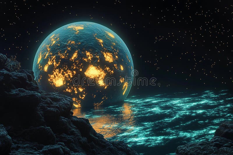 Vivid Ocean Waves Illuminated by a Bright Azure Celestial Body at Night ...