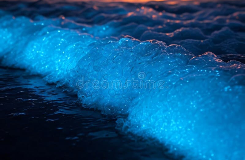 Ocean Waves Glowing with Bioluminescent Algae in Blue-Green Light Stock ...