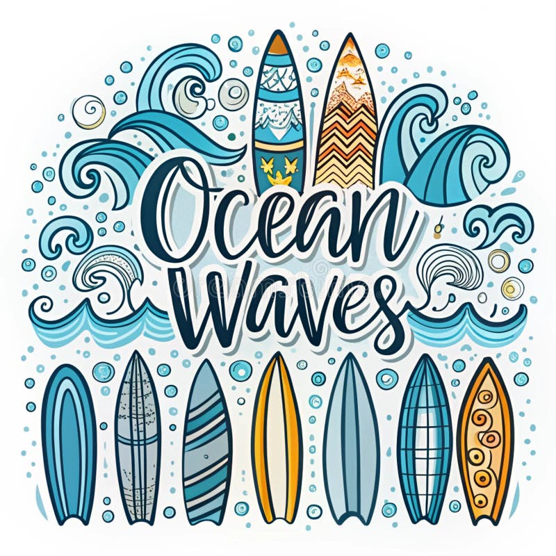 Ocean Waves Graphic with Stylized Surfboards and Swirling Waves Stock ...