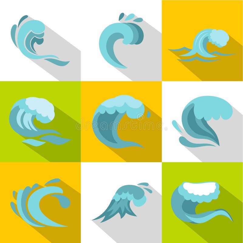 Ocean Waves Icons Set, Flat Style Stock Vector - Illustration of nature ...