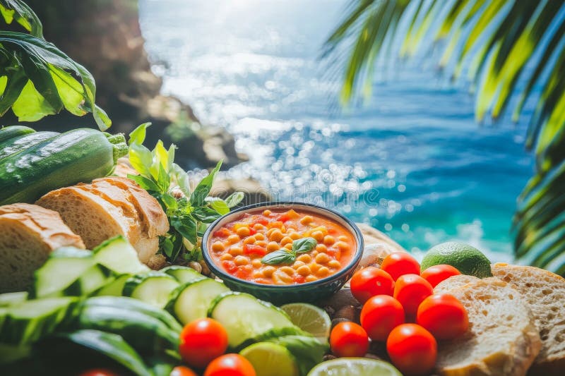 The Ocean Waves are Lapping on the Stone Surface Where Fresh Vegetarian ...
