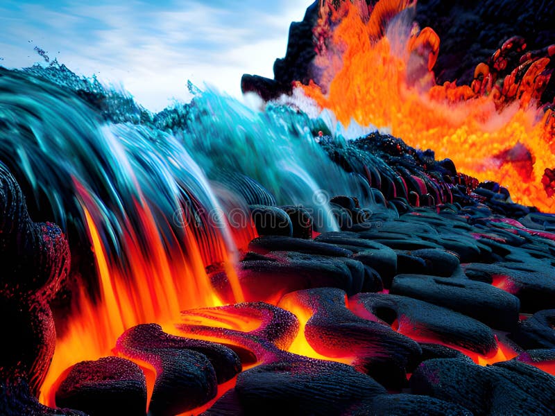 Ocean Waves with Lava and Fire, Dark Smoke Rises To the Top, Ai ...
