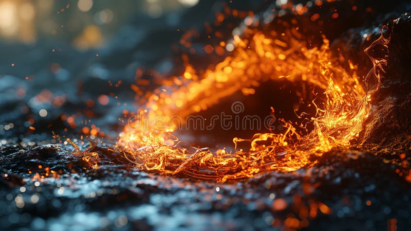 Ocean Waves with Lava and Fire, Dark Smoke Rises To the Top Stock ...