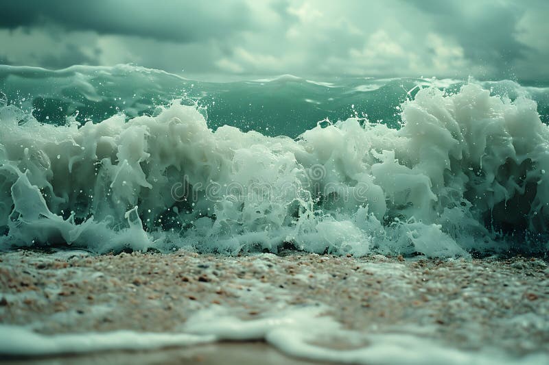 Dramatic Ocean Waves Crashing on Beach Shoreline during Overcast Skies ...