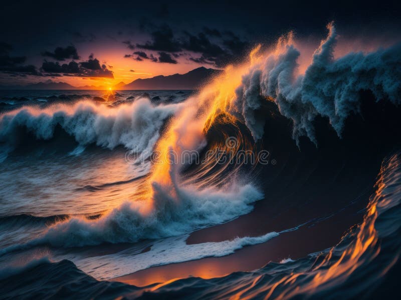 Ocean Waves Raging Against the Shore.generative Ai Stock Illustration ...