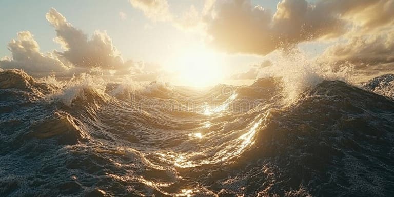 Ocean Waves Reflect the Sun and the Sky, As Water Flows and Splashes ...