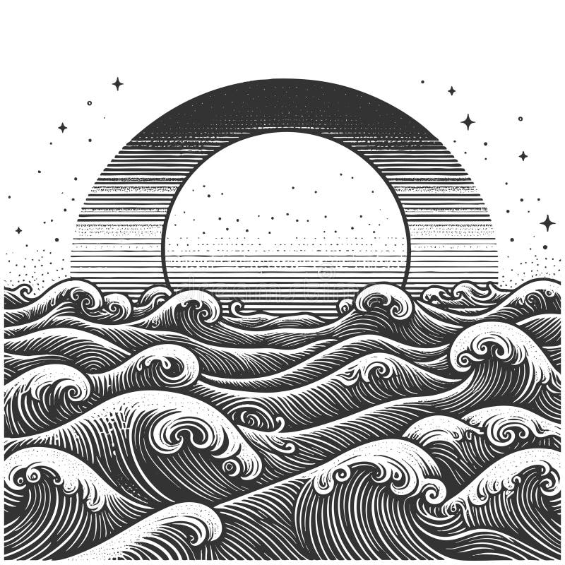 Ocean Waves and Sunset Engraving Sketch Vector Stock Illustration ...