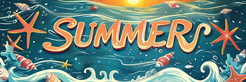 Ocean Waves, Starfish, and Shells Under Summer Sun Banner. Panoramic ...