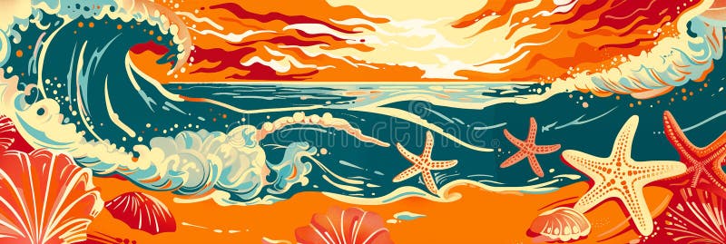 Ocean Waves, Starfish on Shore, Large Sun Setting, Vibrant Illustration ...