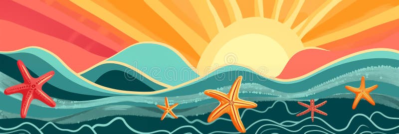 Ocean Waves, Starfish on Shore, Large Sun Setting, Vibrant Illustration ...