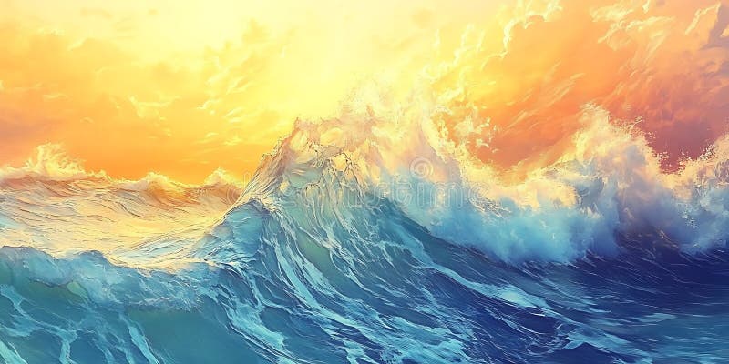 Ocean Waves Sunset Background: Blue and Yellow Water Texture Stock ...