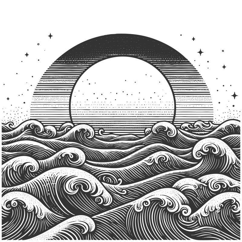 Ocean Waves and Sunset Engraving Sketch Raster Stock Photo - Image of ...
