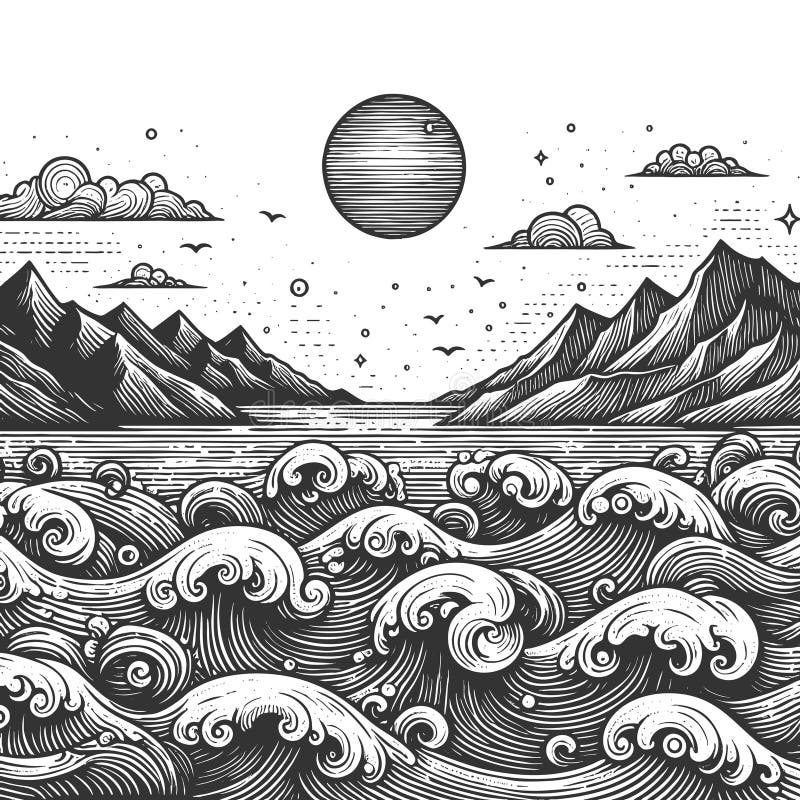 Ocean Waves and Sunset Engraving Sketch Raster Stock Photo - Image of ...