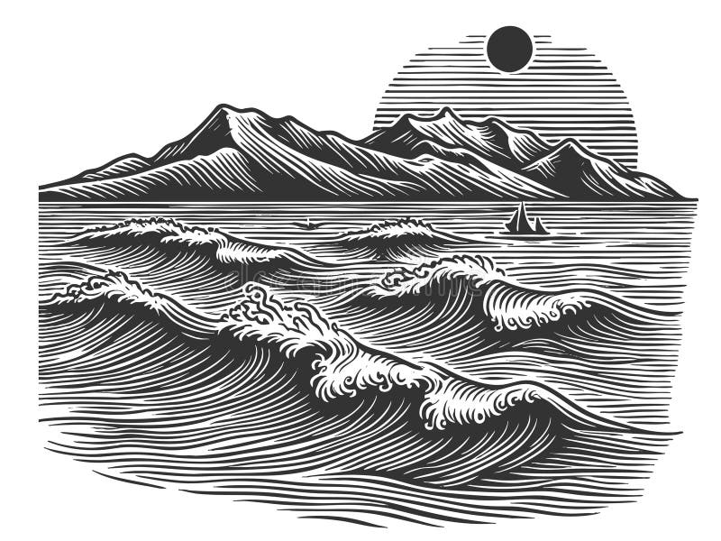 Ocean Waves and Sunset Engraving Sketch Vector Stock Illustration ...