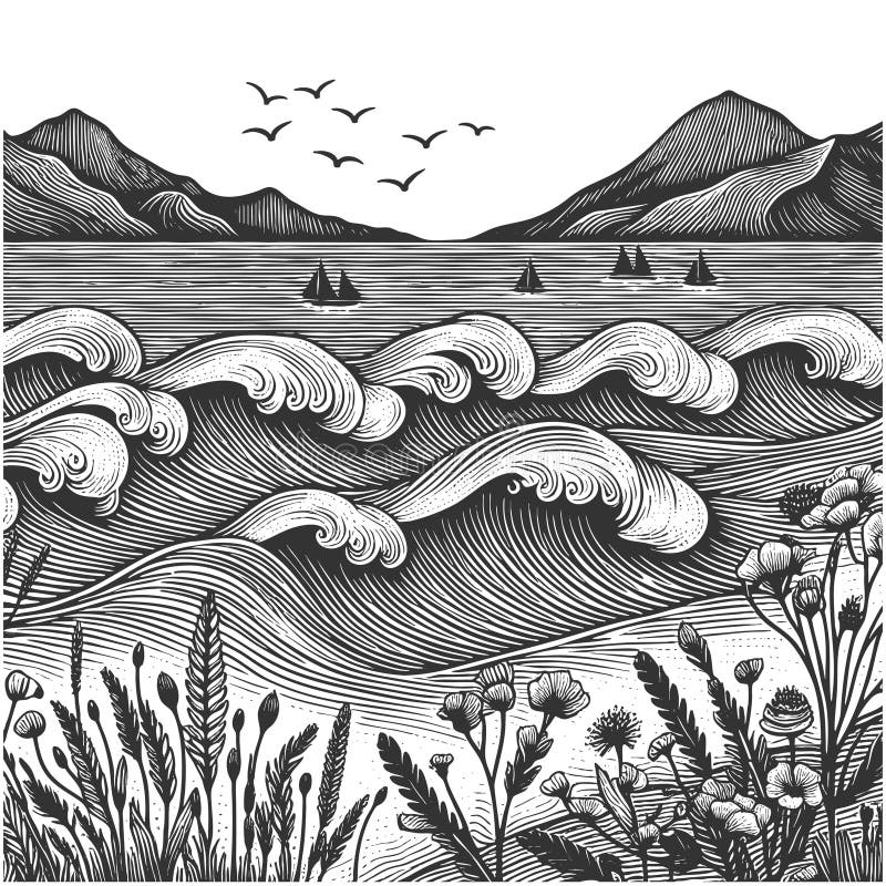 Ocean Waves and Sunset Engraving Sketch Vector Stock Illustration ...
