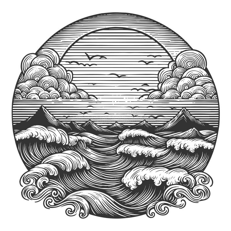 Ocean Waves and Sunset Engraving Sketch Vector Stock Illustration ...