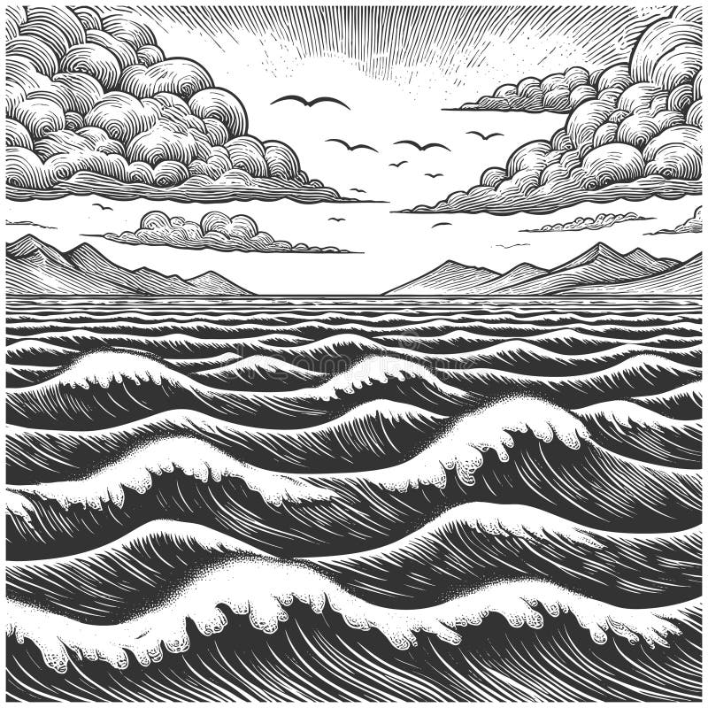 Ocean Waves and Sunset Engraving Sketch Vector Stock Illustration ...