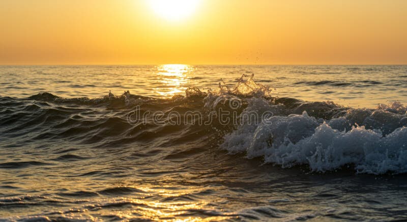 Ocean Waves at Sunset, Golden Hour Seascape Stock Illustration - Illustration of golden ...