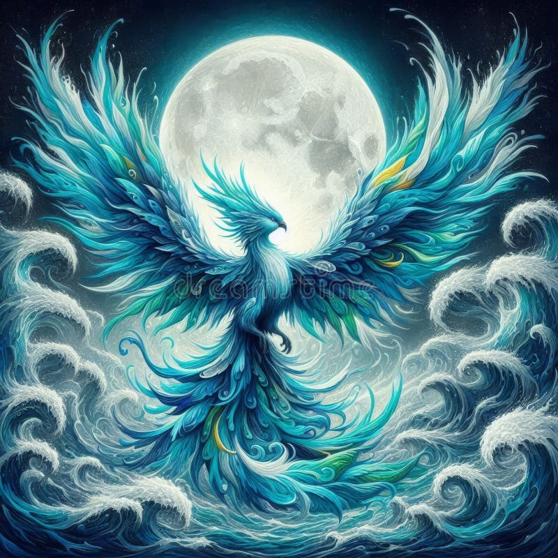 Oceanborn Phoenix with Flowing Waves Stock Illustration - Illustration ...