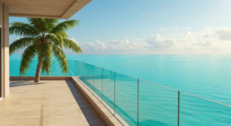 Oceanfront Balcony with Palm Tree and Turquoise Water Stock ...