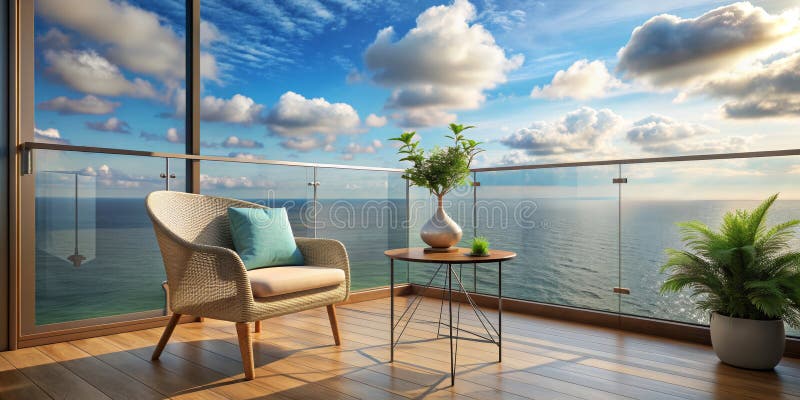 Oceanfront Balcony Relaxation with Wicker Chair, 3D Rendering, Sunlit ...