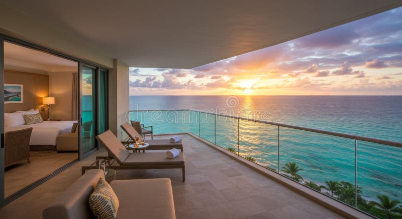 Oceanfront Balcony Sunset View Luxury Resort Room Stock Illustration ...