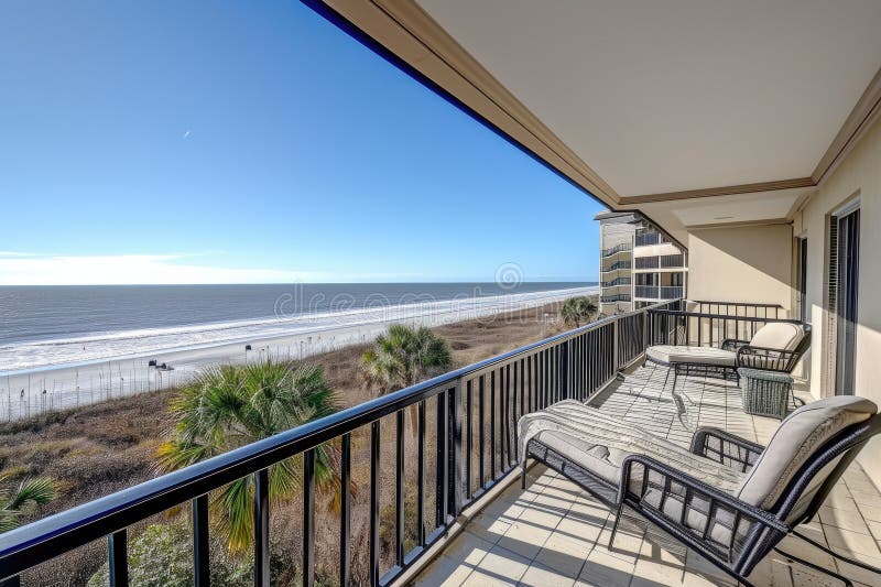 Oceanfront Balcony View with Sea and Blue Sky Stock Photo - Image of ...