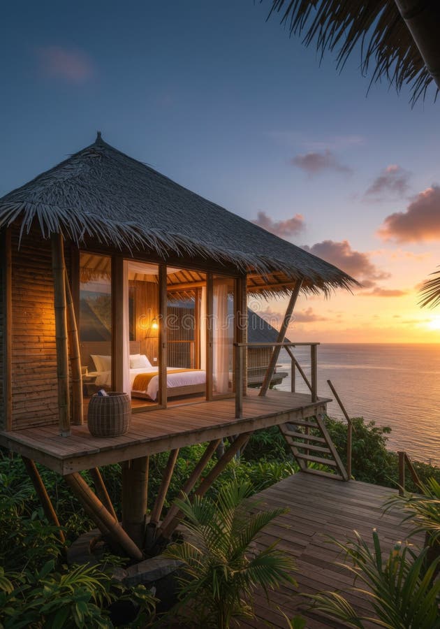 Oceanfront Bamboo Hut at Sunset Tropical Getaway Stock Illustration ...