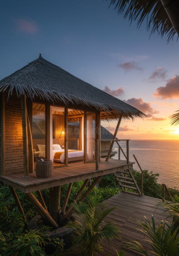Oceanfront Bamboo Hut at Sunset Tropical Getaway Stock Illustration ...