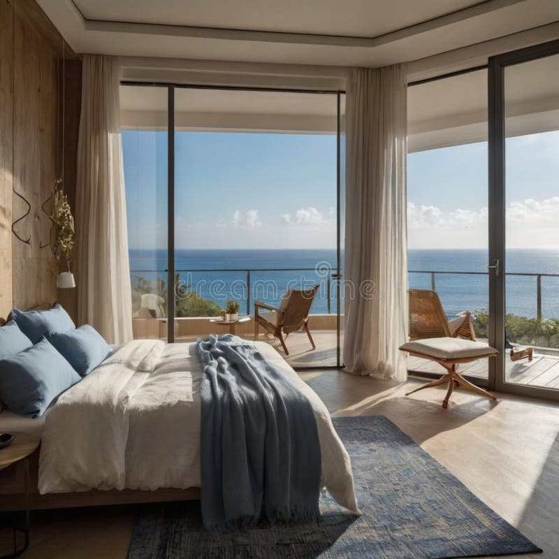 Oceanfront Bliss: Blue and Yellow Bedroom Retreat. Stock Photo - Image ...