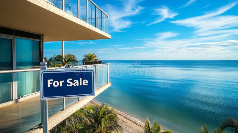 Oceanfront Condo Balcony with "for Sale" Sign Stock Illustration ...