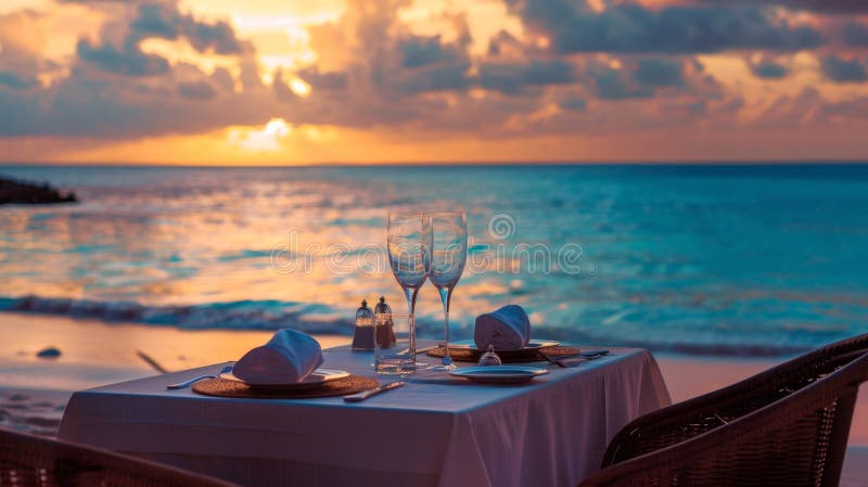 Oceanfront Dinner, Elegantly Set Table for Two with a Stunning Ocean ...